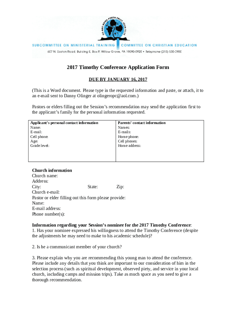 2017 Timothy Conference Application Doc Template | pdfFiller