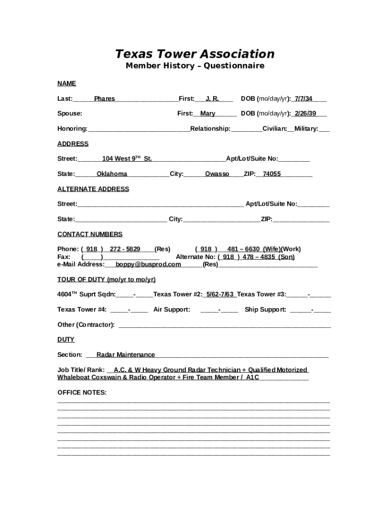 Texas Tower Association Member History Questionnaire Doc Template ...
