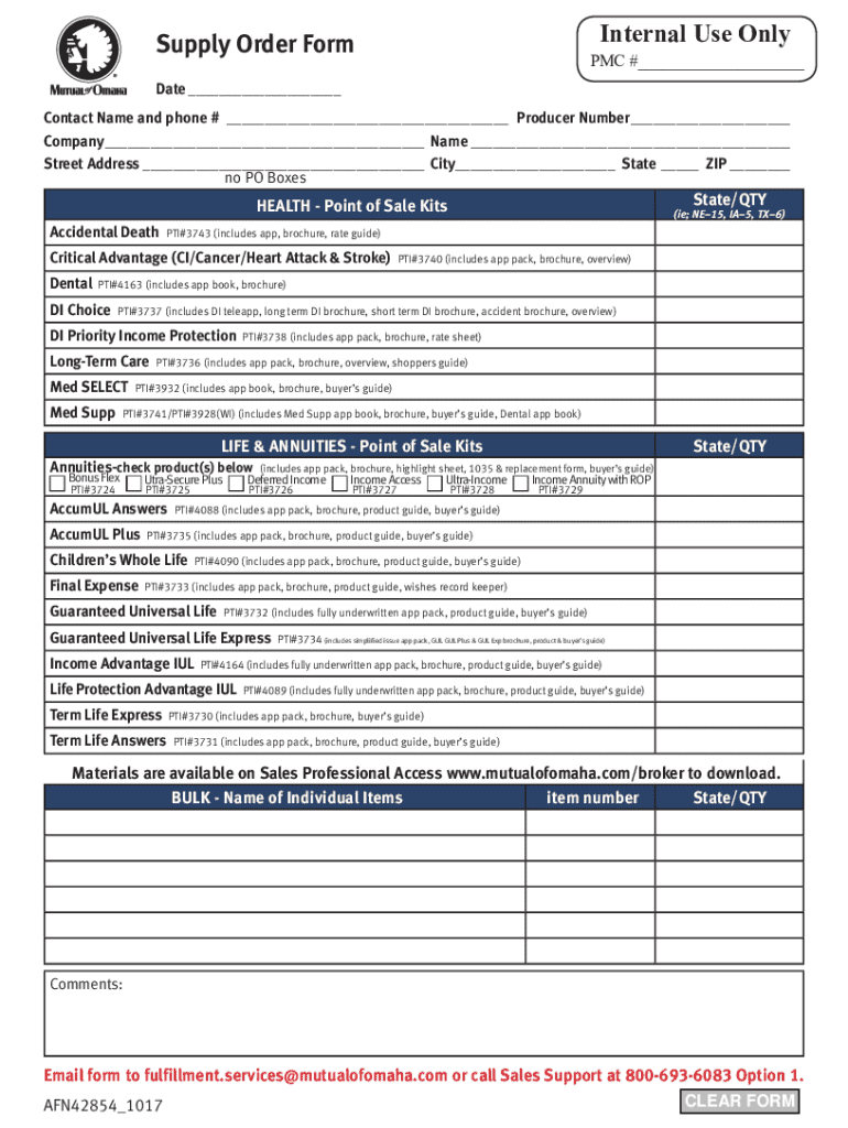 Fillable Online Supply Order Form for Health and Life Insurance Kits 2023 Fax Email Print ...