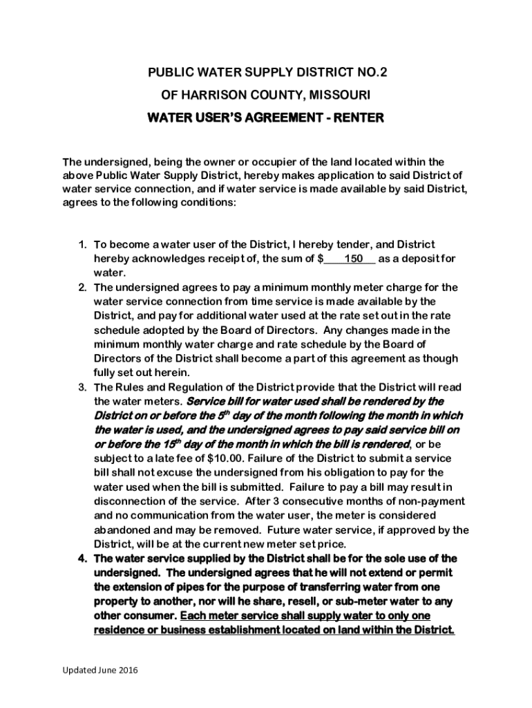 Fillable Online Water User's Agreement: Key Conditions & Charges for ...