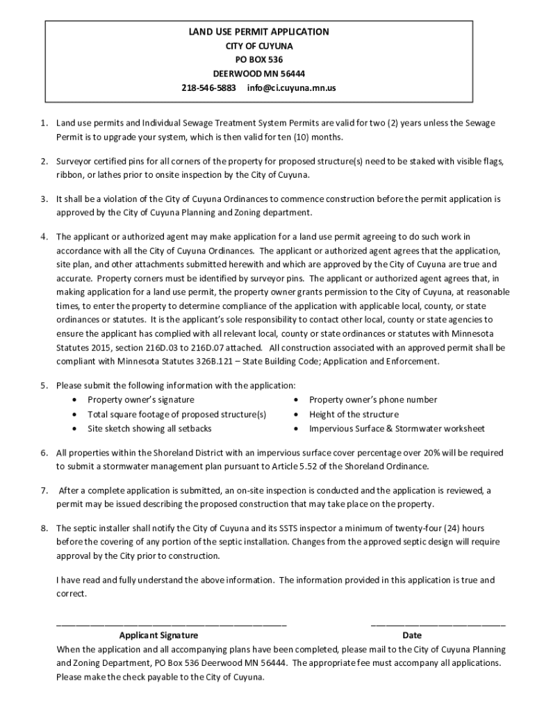 Fillable Online Land Use Permit Application - City of Cuyuna (2023) Fax Email Print - pdfFiller