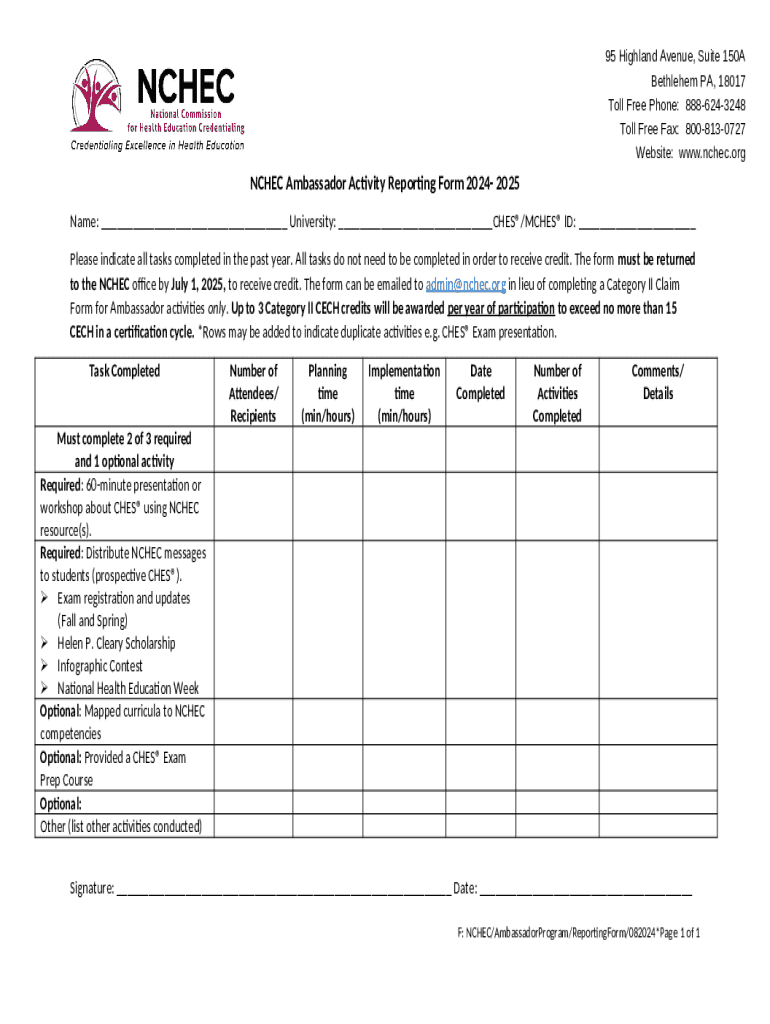 NCHEC Ambassador Activity Reporting 2024- 2025 Doc Template | pdfFiller