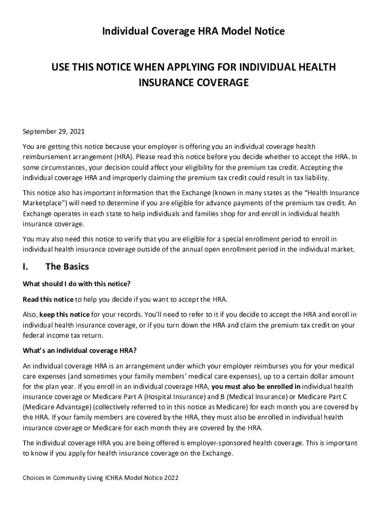 Fillable Online Individual Coverage Hra Model Notice - 2021 Overview ...