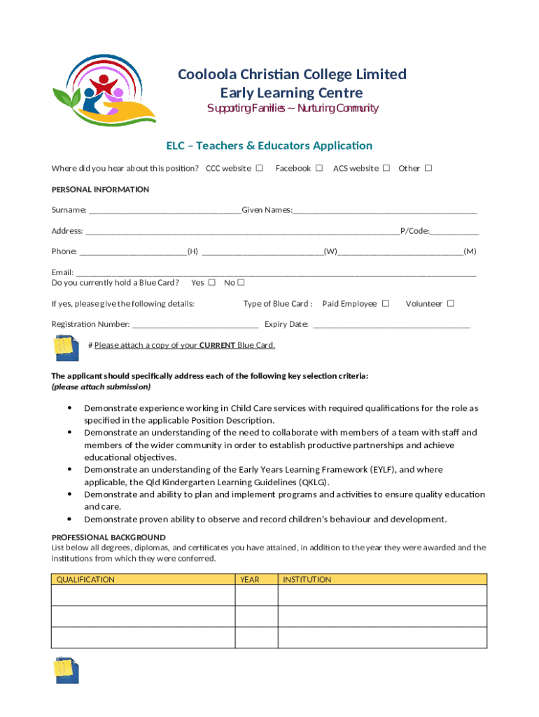 Elc – Teachers & Educators Application - christianschools org Doc Template | pdfFiller