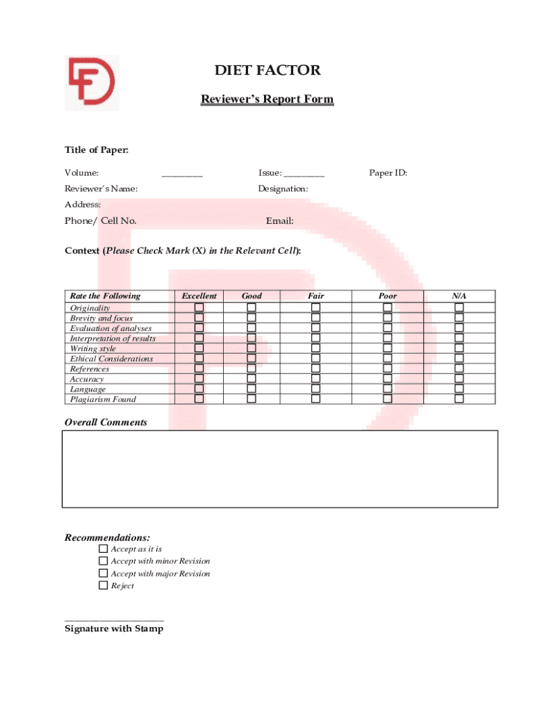 Fillable Online Diet Factor Reviewer Report 2023: Evaluation and Recommendations Fax Email Print ...