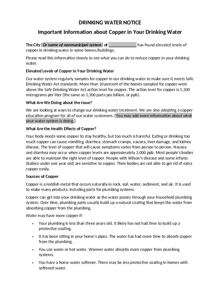 Drinking Water Notice. This template can be used by water systems to ...