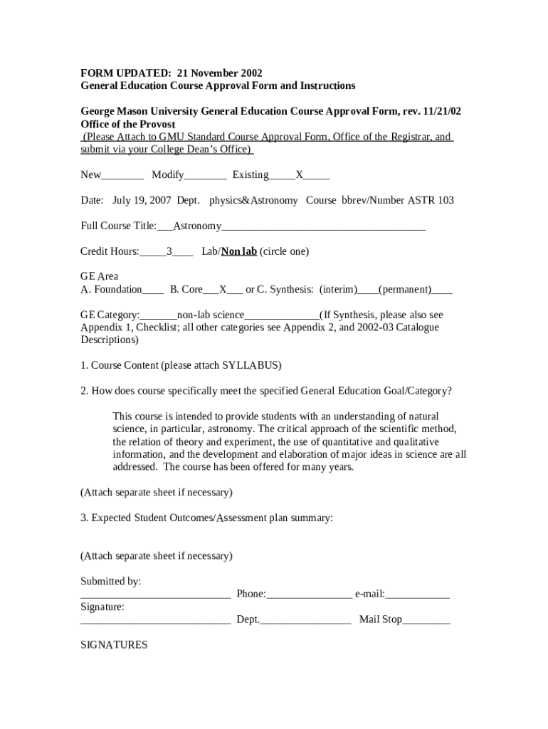 General Education Course Approval - web cos gmu Doc Template | pdfFiller