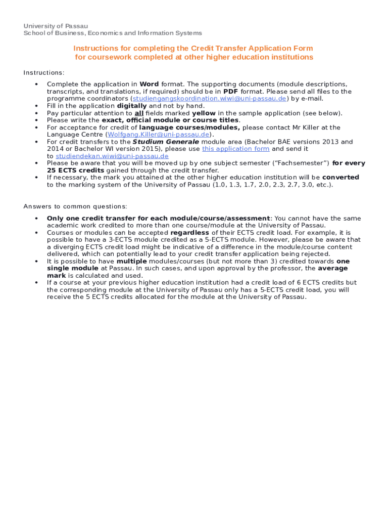 Credit Transfer Application Doc Template | pdfFiller