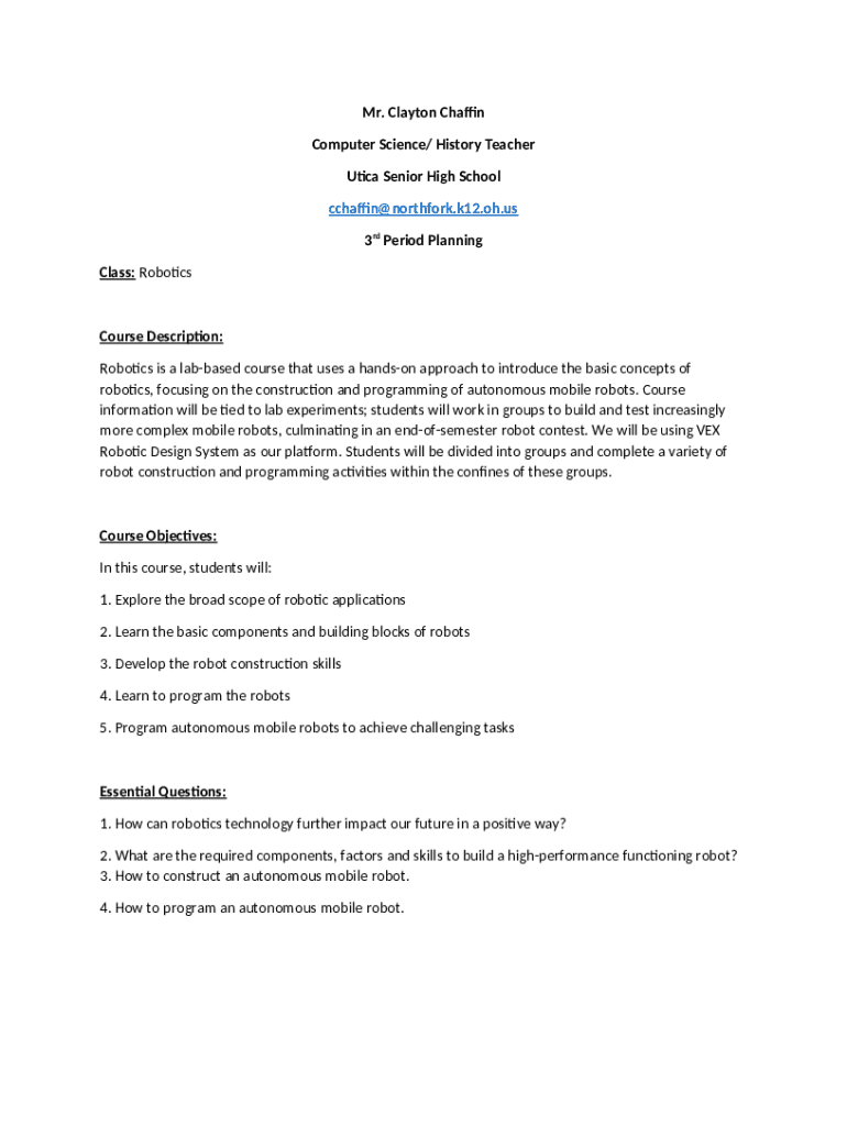 Robotics Class Syllabus Doc Template | pdfFiller