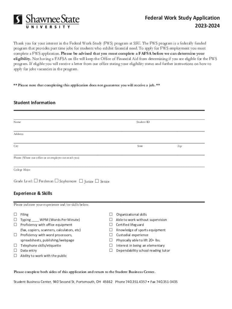 Fillable Online 2023 Federal Work Study Application at Ssu for ...
