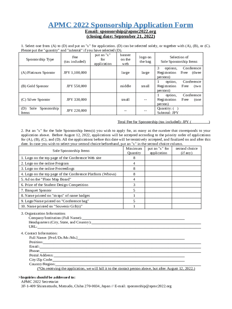 Apmc 2022 Sponsorship Application Doc Template | pdfFiller