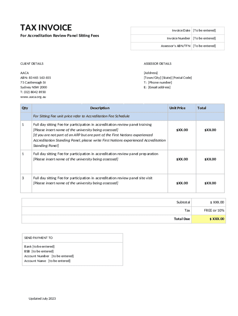 Tax Invoice for Accreditation Review Panel Sitting Fees Doc Template ...