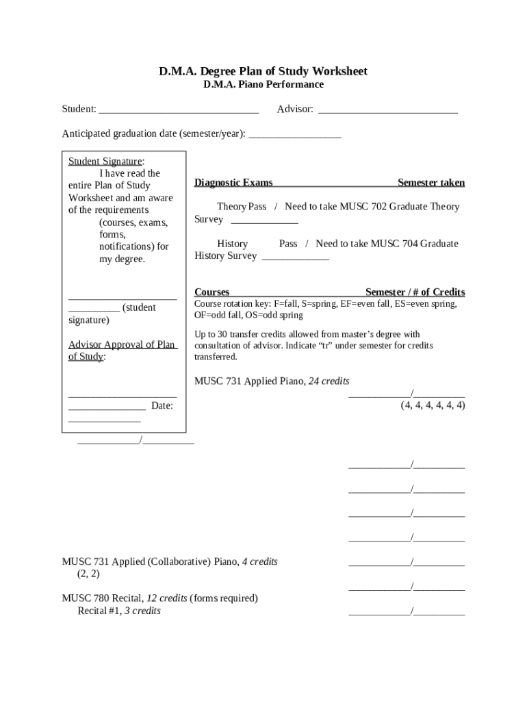 D.m.a. Degree Plan of Study Worksheet Doc Template | pdfFiller