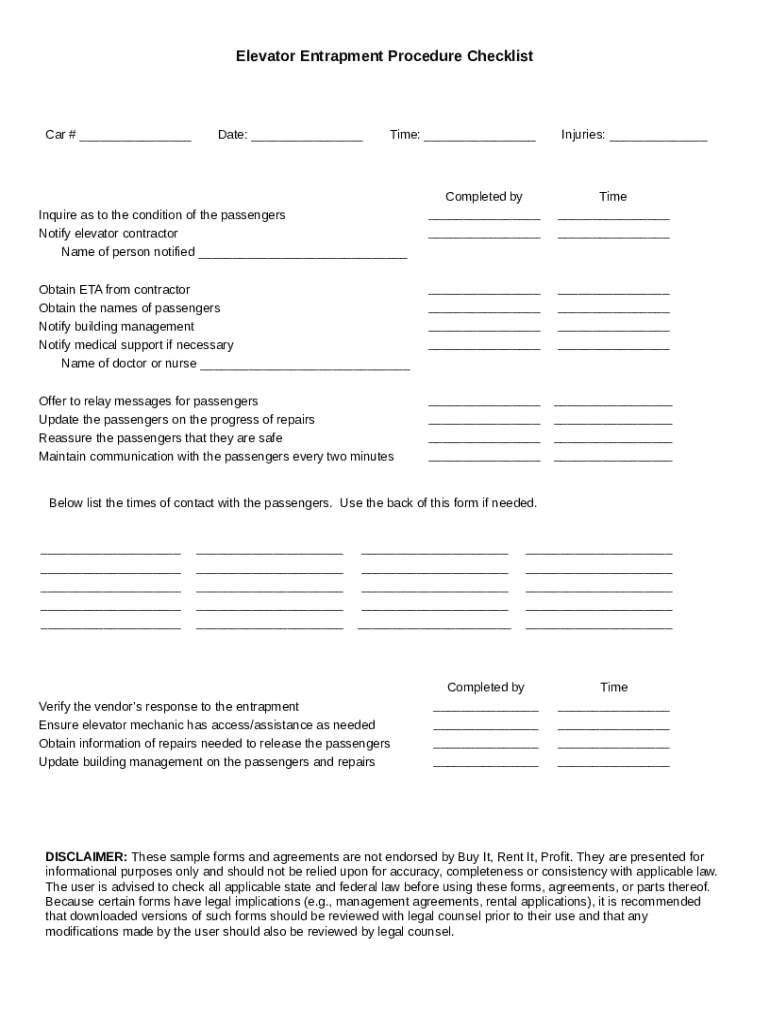 Elevator Entrapment Procedure Checklist Doc Template | pdfFiller