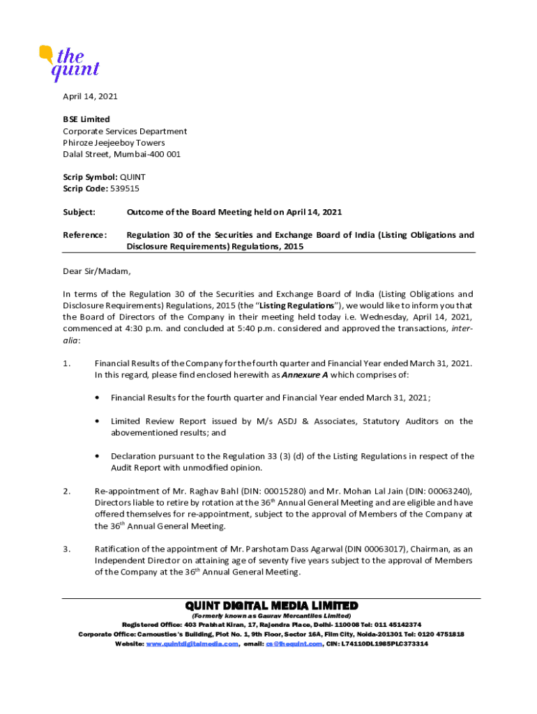 Fillable Online Intimation regarding receipt of Resignation letter ...