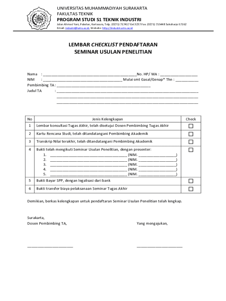 Fillable Online LEMBAR CHECKLIST PENDAFTARAN SEMINAR USULAN PENELITIAN ...