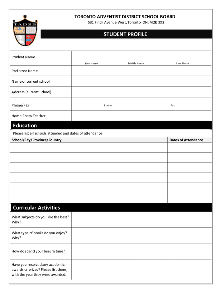 Fillable Online 2023 Student Profile - Toronto Adventist District School Board Fax Email Print ...