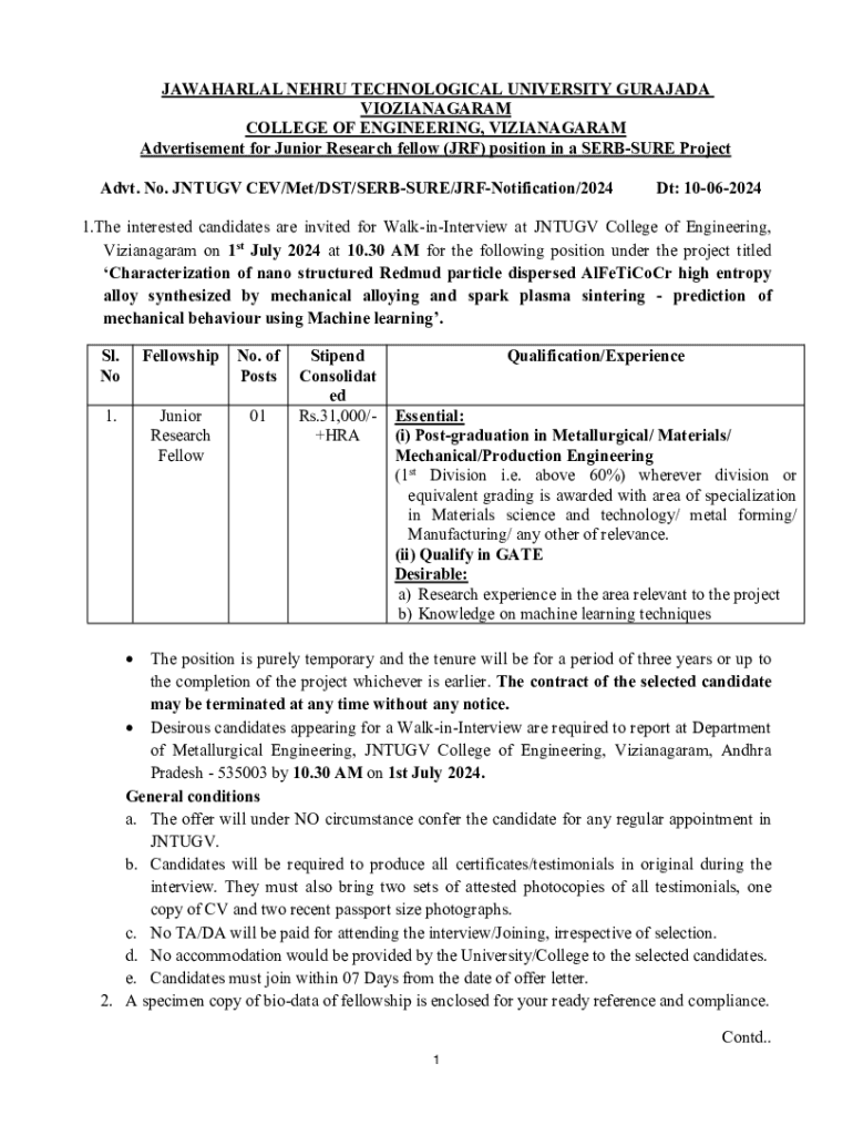 Fillable Online Junior Research Fellow Position in Serb-sure Project ...