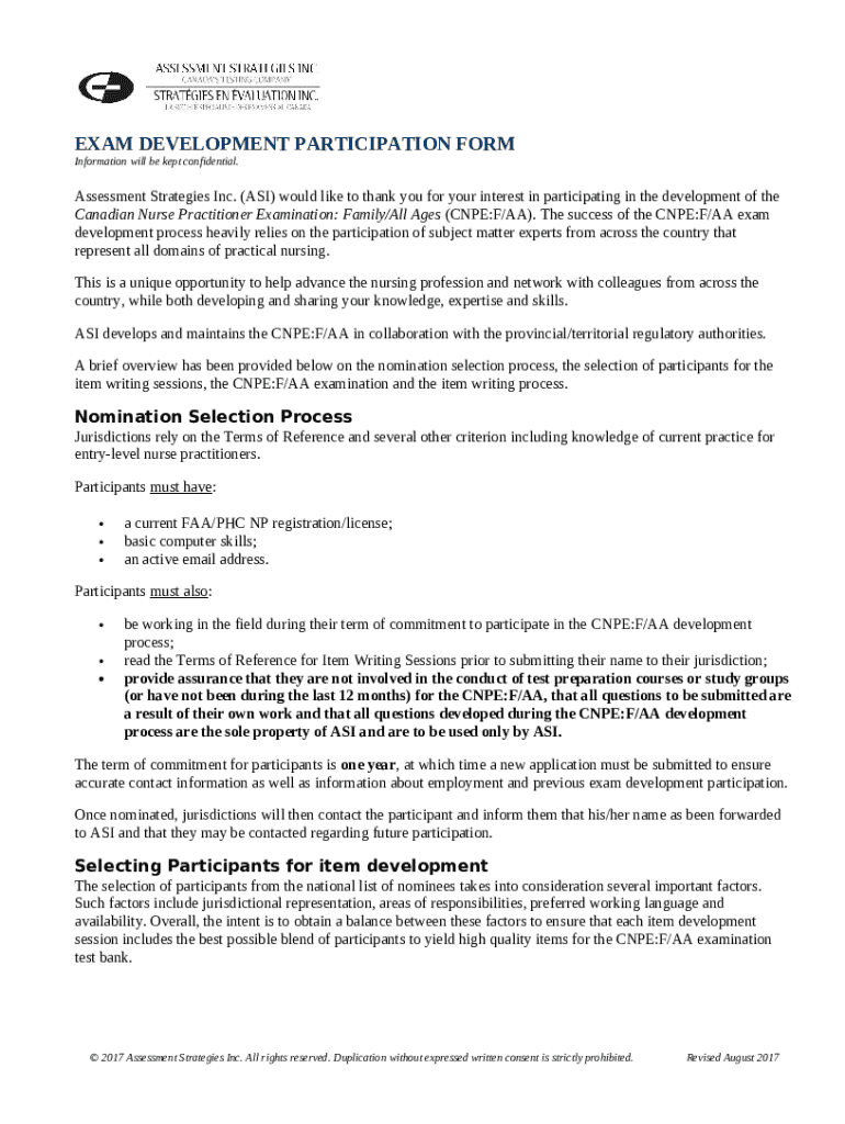 exam development participation Doc Template | pdfFiller