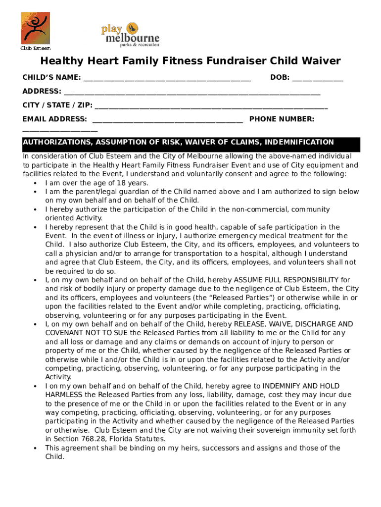Healthy Heart Family Fitness Fundraiser Child Waiver Doc Template | pdfFiller
