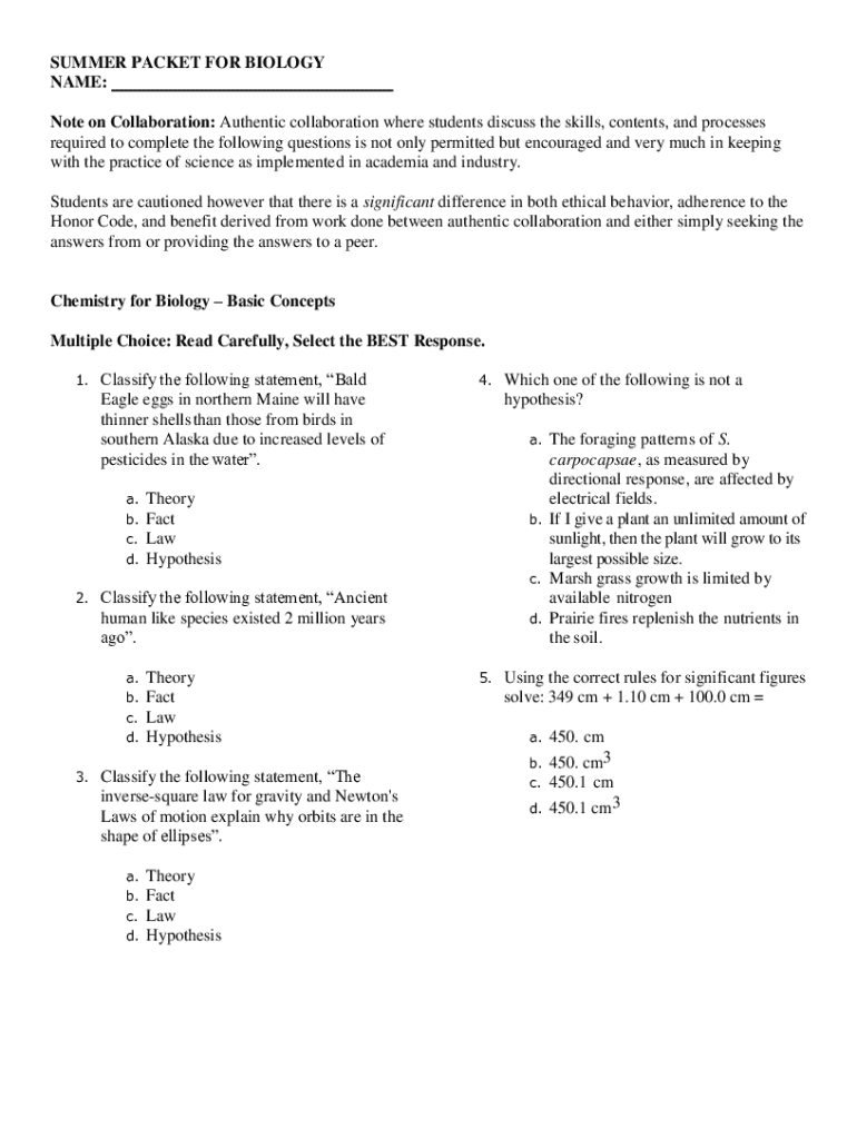 Fillable Online Summer Biology Packet 2023: Essential Concepts and ...