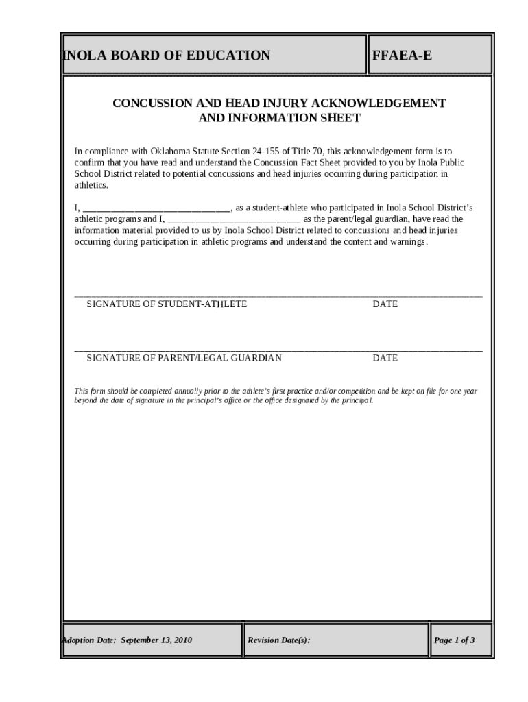 Concussion and Head Injury Acknowledgement and Ination Sheet Doc ...