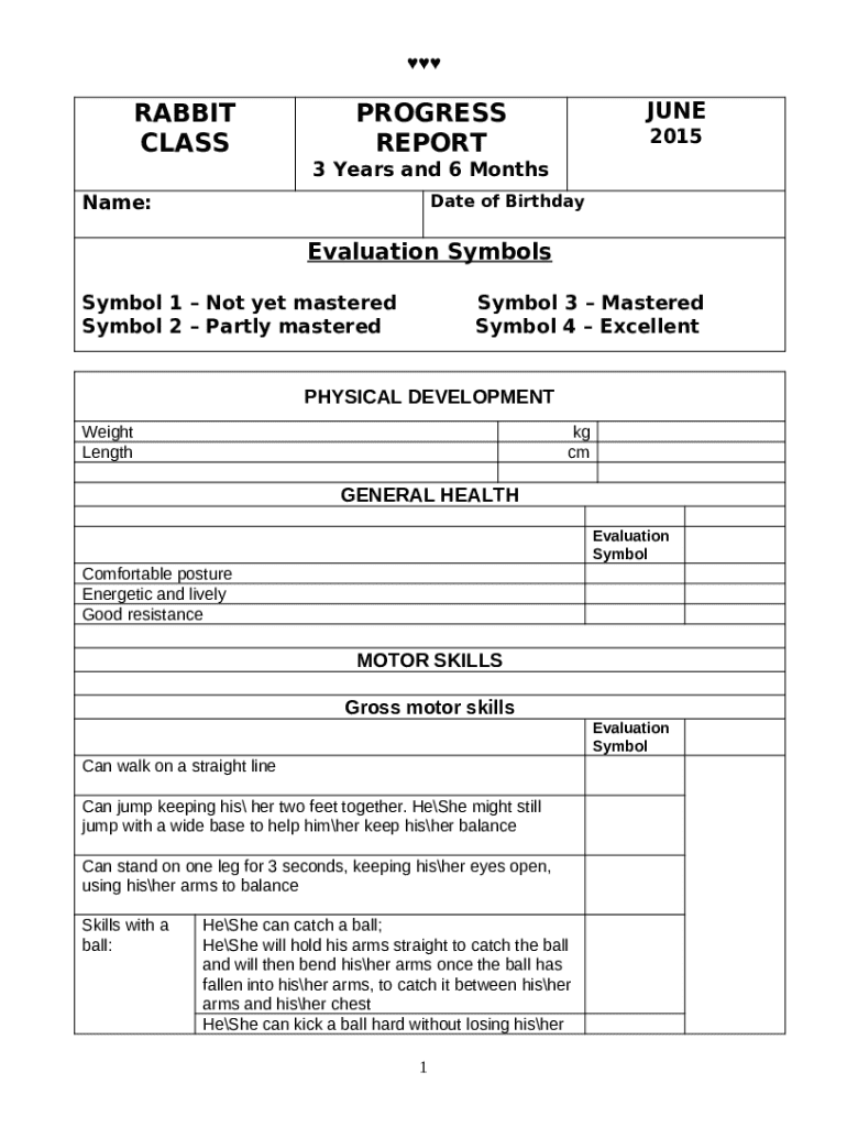 Rabbit Class Progress Report Doc Template | pdfFiller