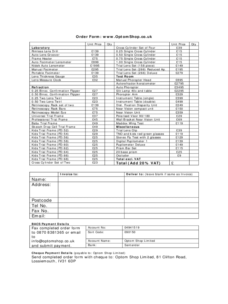 Fillable Online Optom Shop Order Form 2023 for Optical Equipment and Supplies Fax Email Print ...