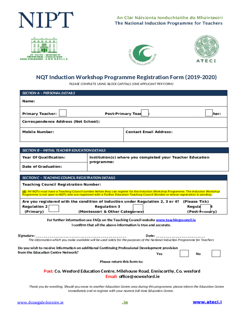 Nqt Induction Workshop Programme Registration Doc Template | pdfFiller