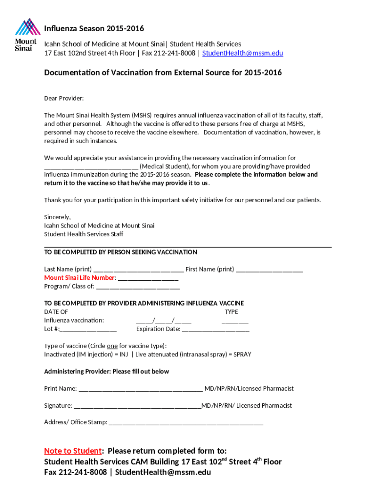 Influenza Vaccination Documentation Doc Template | pdfFiller