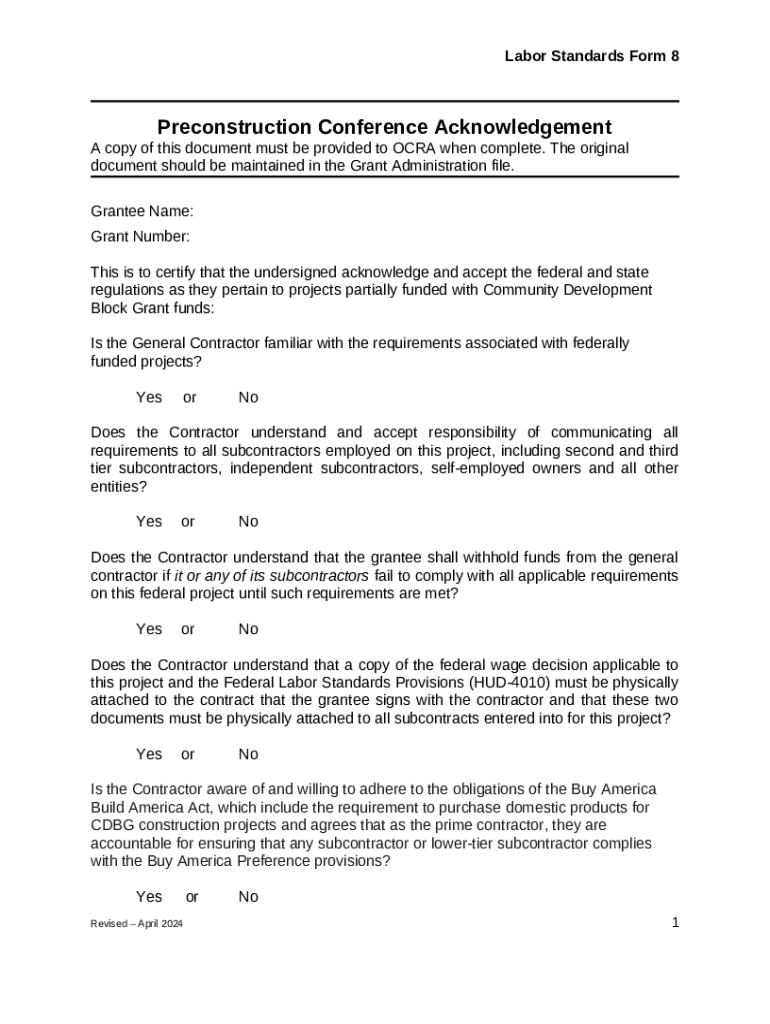 18: Pre-Construction Conference Acknowledgment Doc Template | pdfFiller