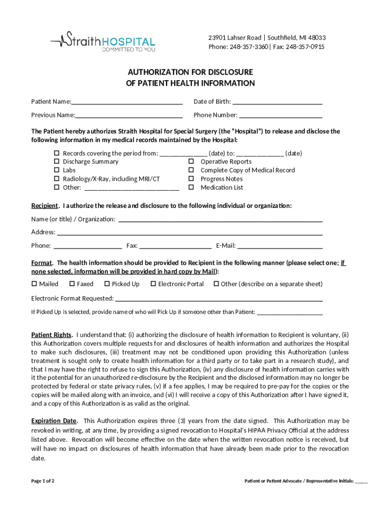 Authorization for Disclosure of Patient Health Ination Doc Template | pdfFiller