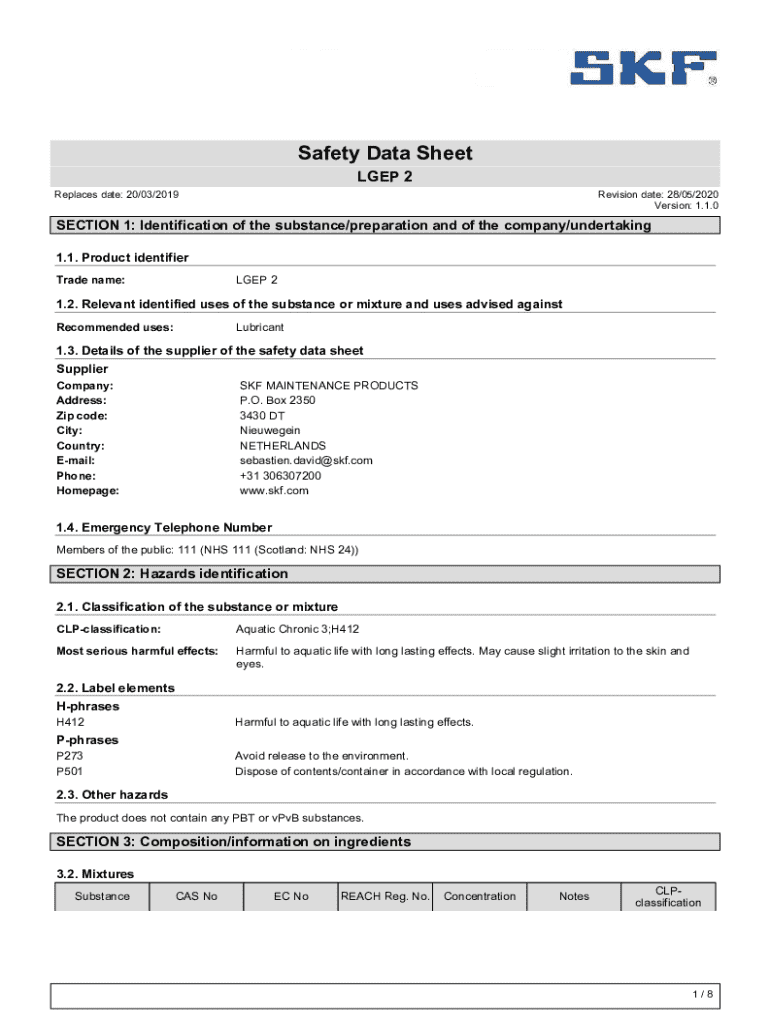 Fillable Online MSDS - SKF Lgep 2PDFToxicityDangerous Goods Fax Email Print - pdfFiller