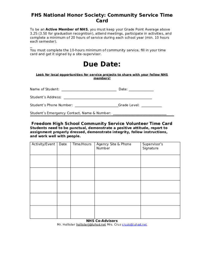 Fhs National Honor Society Community Service Time Card Doc Template ...