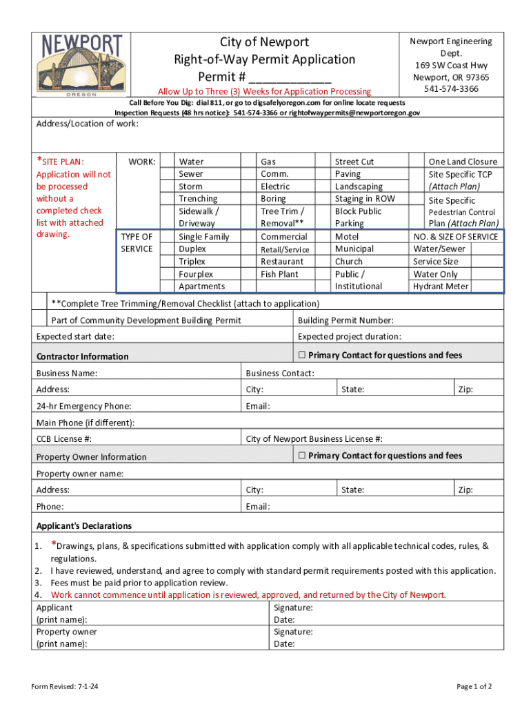 Fillable Online City of Newport Right-of-way Permit Application 2024 ...