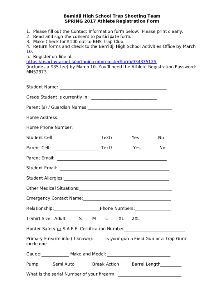Bemidji High School Trap Shooting Team Registration Doc Template | pdfFiller
