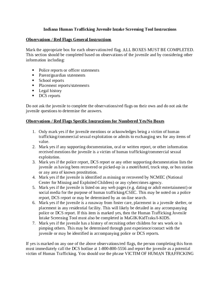 Indiana Human Trafficking Juvenile Intake Screening Tool Instructions ...