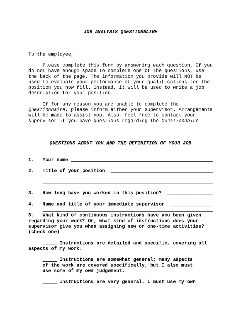 Job Analysis Questionnaire Doc Template | pdfFiller