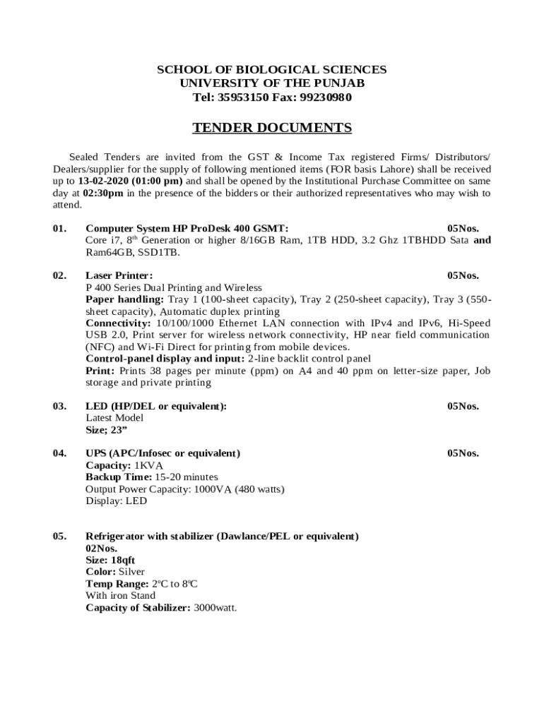 tender documents - Lahore - pu edu Doc Template | pdfFiller