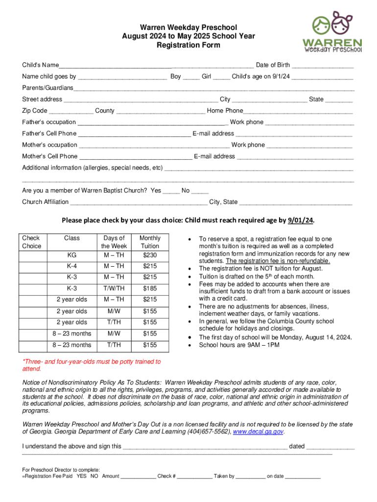 Fillable Online Warren Weekday Preschool Registration 2024-2025 Fax ...