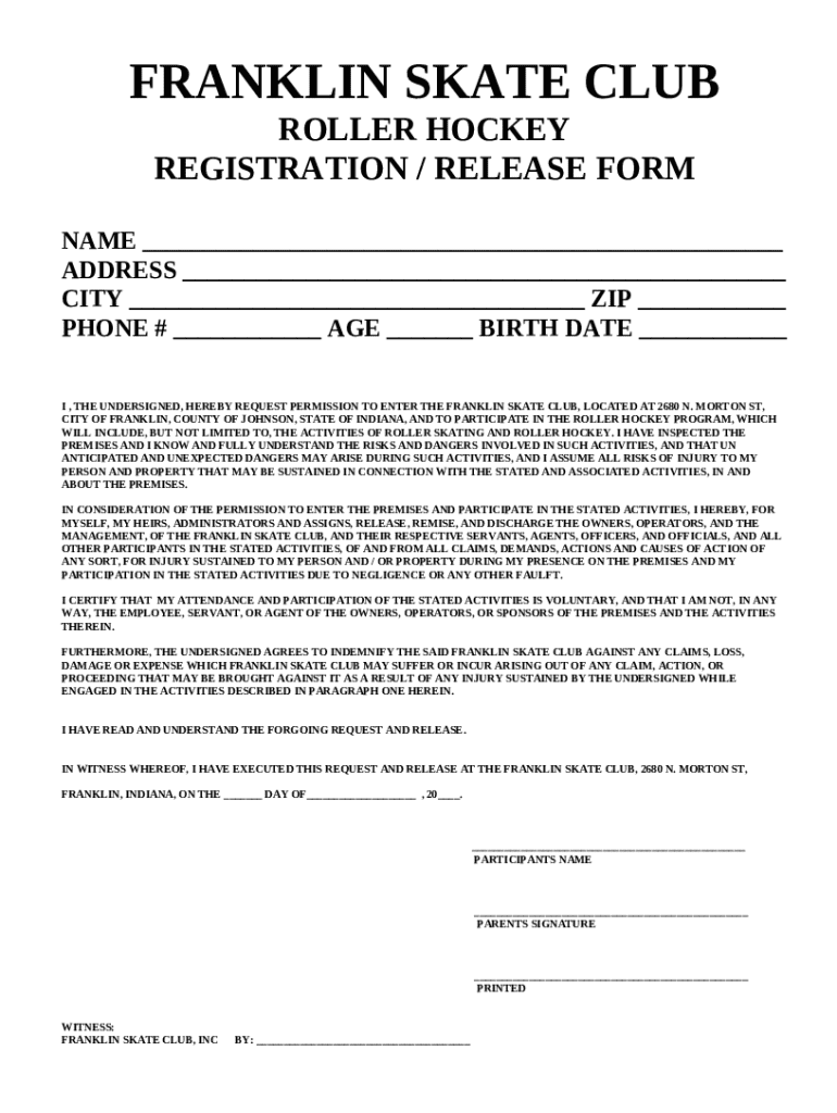 Franklin Skate Club Roller Hockey Registration / Release Doc Template ...