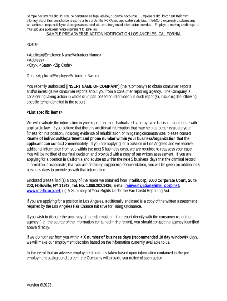 Sample Pre-adverse Action Notification Doc Template | pdfFiller