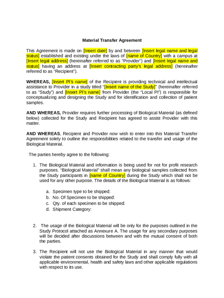 Template for Material Transfer Agreement Doc Template | pdfFiller