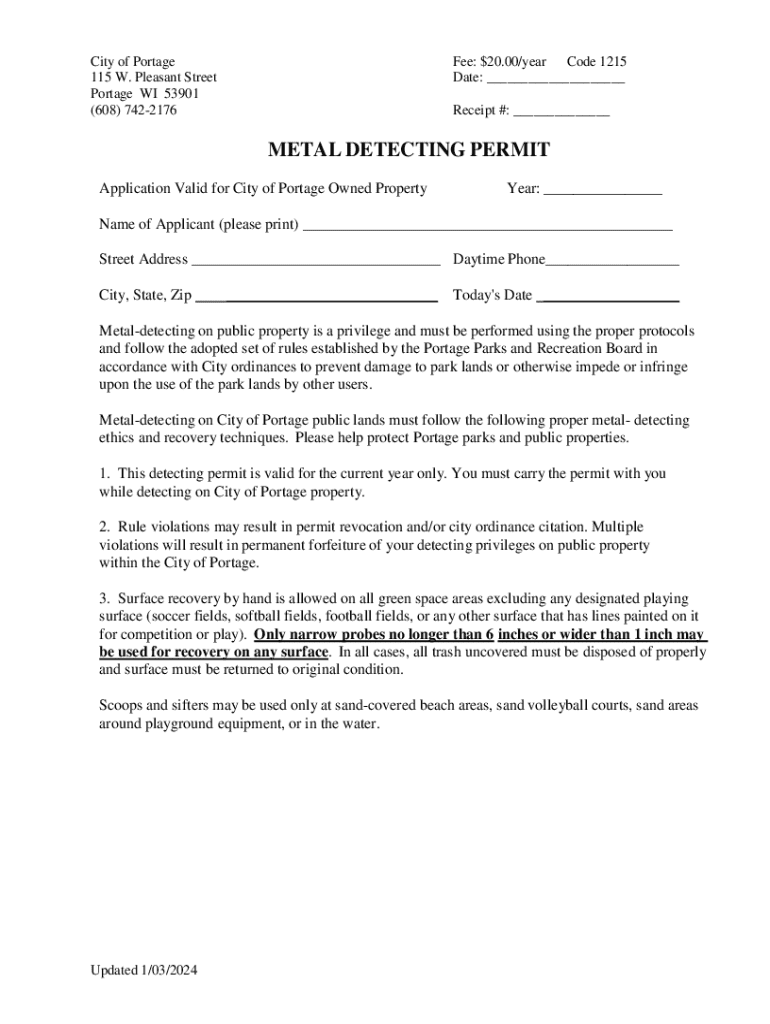 Fillable Online Metal Detecting Permit for City of Portage 2024 Fax ...