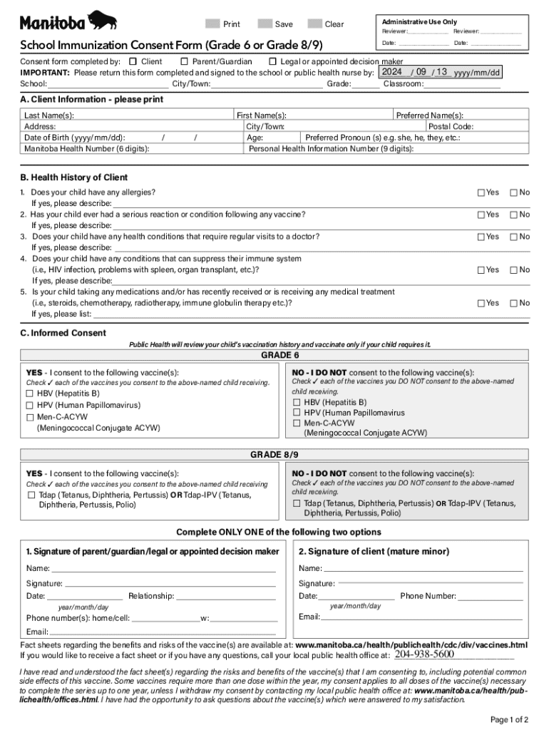 Fillable Online Completing the Grade 9 School Immunization Consent Form ...