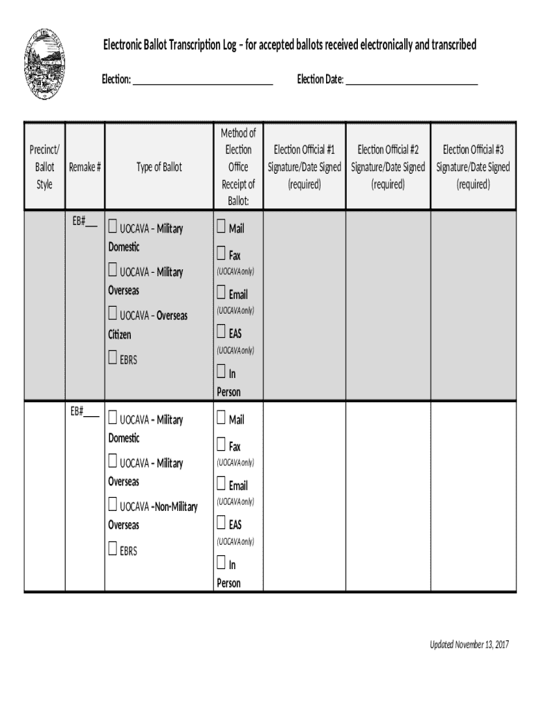 Electronic Ballot Transcription Log Doc Template | pdfFiller