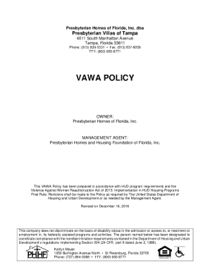 Fillable Online Vawa Policy 2016 - Presbyterian Homes of Florida, Inc ...