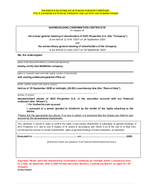 Shareholding Confirmation Certificate Doc Template | pdfFiller