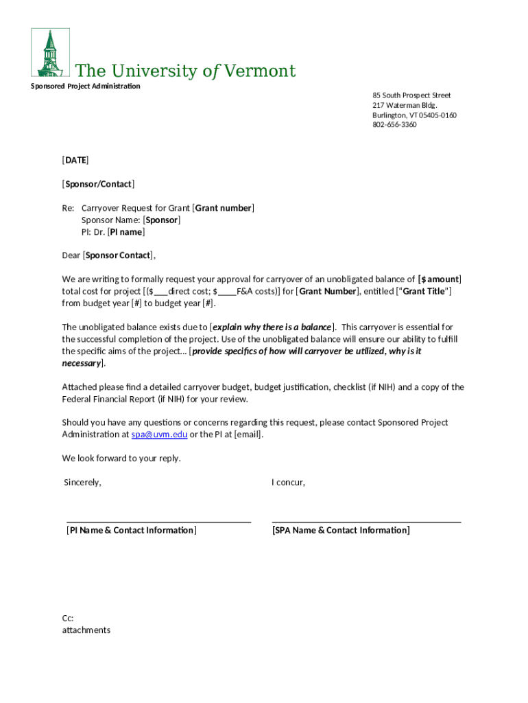 SubAward Letter Template for Carryover Request Doc Template | pdfFiller