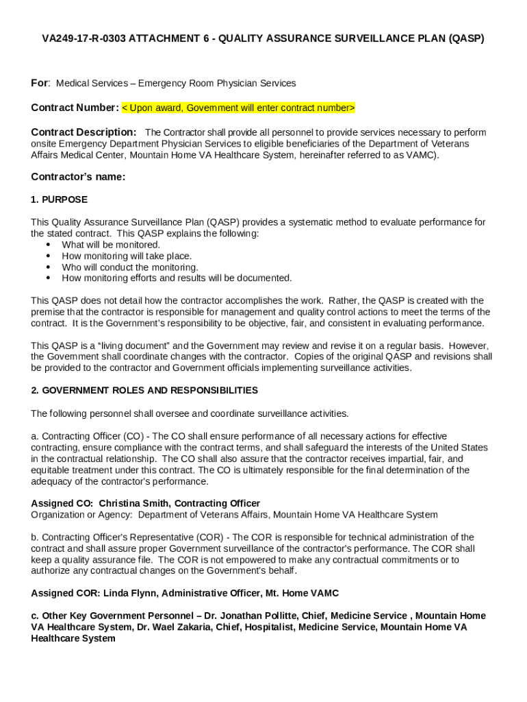 Va249-17-r-0303 Attachment 6 - Quality Assurance Surveillance Plan ...
